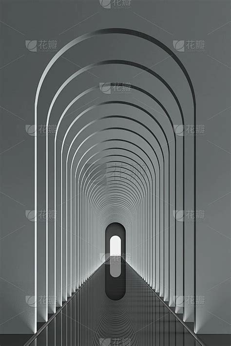 3d渲染弧节奏走廊，led带灯灰色基调素材 花瓣网