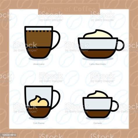 종류 커피 아이콘의 컬러 설정 및 색된 벡터 일러스트 레이 션3 디자인에 대한 스톡 벡터 아트 및 기타 이미지 디자인 라떼