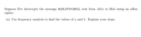 solved suppose eve intercepts the message xlulifivjqyll sent