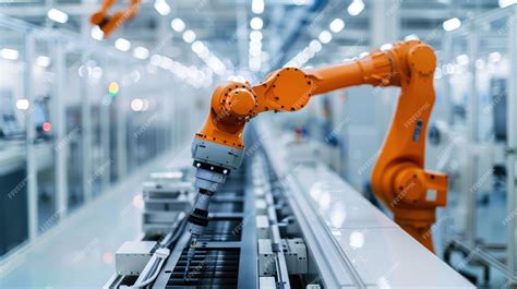 Industrial Robotics In Modern Factory Automation Hightech Robotic Arm In Action Premium Ai