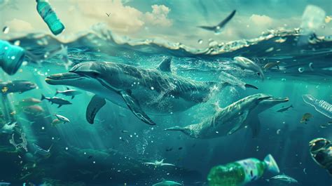 Dolphins Swimming Through Plastic Pollution In The Ocean Premium Ai