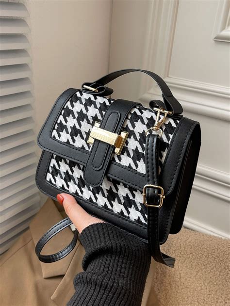 Mini Houndstooth Pattern Flap Square Bag Square Bag Black And White
