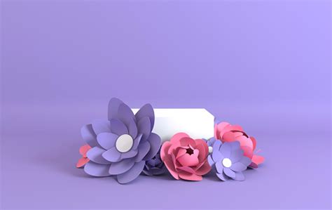종이 꽃 프레임 제품 프리젠 테이션을위한 연단 플랫폼 여름 또는 봄 배경입니다 파스텔 색상의 용지 잘라내기 3d 렌더링 모형 꽃