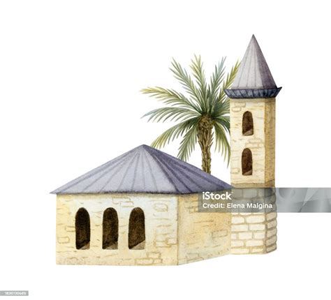 오래 된 아랍 집 와 야자수 수채화 그림 와 백색 고립된 와 빈티지 베이지 타워와 집이 있는 동양적인 장면 지중해 루마니아 유럽
