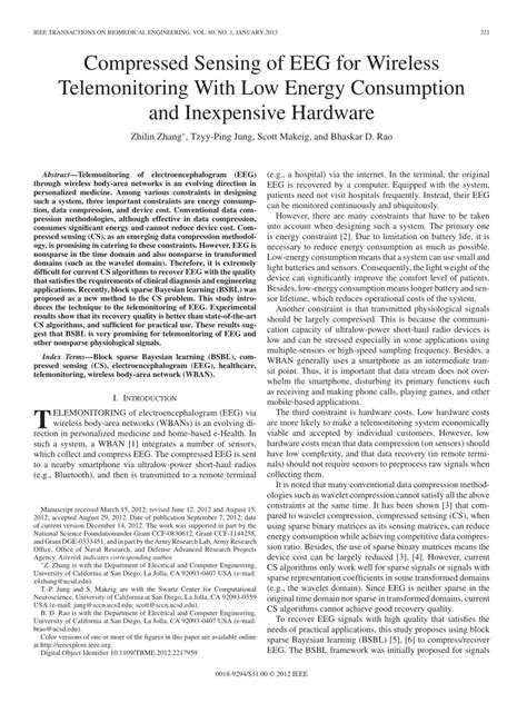 Pdf Compressed Sensing Of Eeg For Wireless Telemonitoring With Low Energy Consumption And