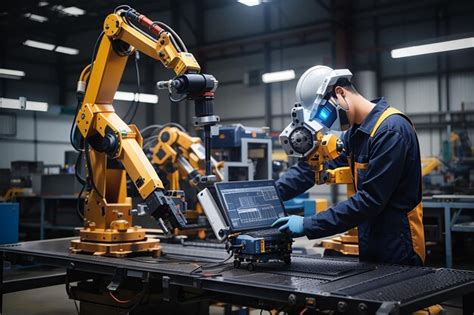 Premium Ai Image Engineer Manager Checking And Controling Automation Robot Arms Machine In