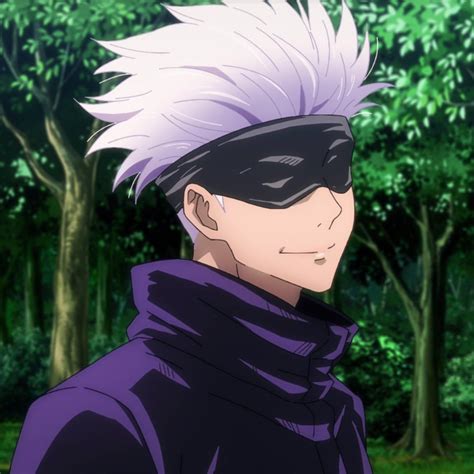 An Anime Character With White Hair And Black Eyes Wearing A Purple Outfit In Front Of Trees