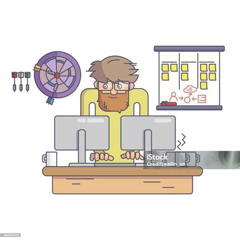 Software Developer Behind The Desk Vector Line Art Illustration Stock Illustration Download