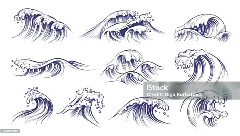바다 손 그린 파도 스케치 스타일 바다 폭풍 푸른 물 곱슬 거품 튀김 쓰나미와 조수 빈티지 컬렉션 서핑 시즌 장식 서지 웨이브 화이트 세트에 고립 된 벡터 해양 파도에 대한
