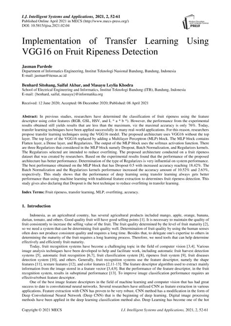 Implementation Of Transfer Learning Using Vgg16 On Fruit Ripeness Detection Ijisa