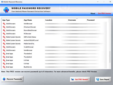 Mobile Password Recovery Showing Recovered Passwords