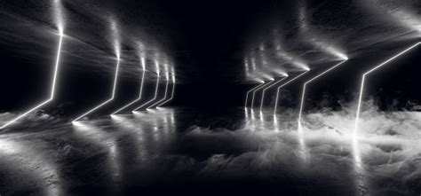 연기 미래 네온 조명 레이저 흰색 빛나는 현대 복고풍 공상 과학 소설 우아한 우주선 클럽 밤 어두운 차고 지하 그런지 콘크리트 반사 추상 빔 3d 렌더링 0명에 대한 스톡