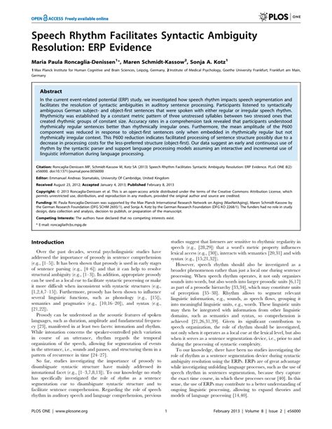 Pdf Speech Rhythm Facilitates Syntactic Ambiguity Resolution Erp Evidence