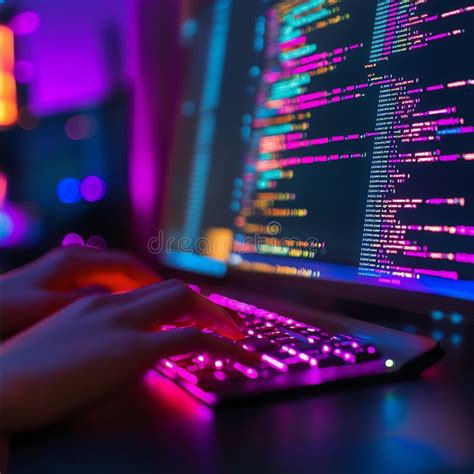 Nighttime Programmer Coding On Keyboard With Colorful Screen Stock
