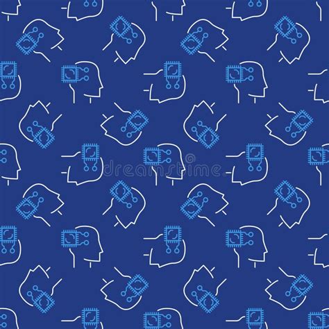 Human Head With Ai Chip Or Cpu Vector Blue Line Seamless Pattern Stock