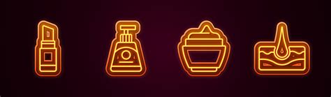 세트 라인 립스틱 크림 또는 로션 화장품 튜브 및 인간의 모낭 빛나는 네온 아이콘입니다 벡터 3월에 대한 스톡 벡터 아트 및 기타 이미지 Istock