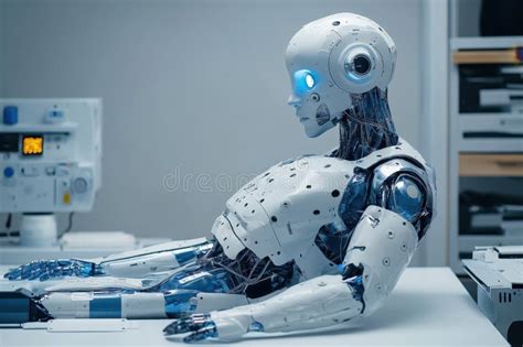 A Humanoid Robot With Glowing Eyes Rests On A Lab Table During A