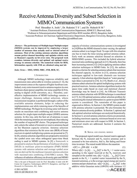 Receive Antenna Diversity And Subset Selection In Mimo Communication