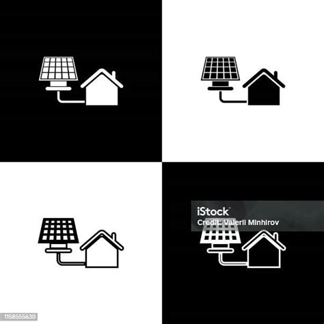 흑백 배경에 격리 된 태양 전지 패널 아이콘 격리 아이콘 집을 설정합니다 생태 태양 재생 에너지 친환경 주택입니다 환경 보호 벡터 일러스트레이션 0명에 대한 스톡 벡터 아트