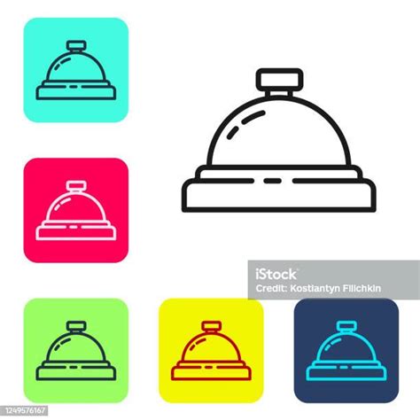 흰색 배경에 격리 된 블랙 라인 호텔 서비스 벨 아이콘 리셉션 벨 색상 정사각형 단추로 아이콘을 설정합니다 벡터 일러스트레이션
