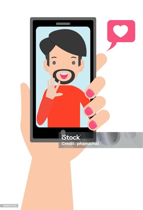 사랑 하는 사람과 화상 통화 남자 친구와 함께 스마트폰 화면에 들고 여자 핸드입니다 온라인 데이트 장거리 관계 개념입니다 커플 메신저에 얘기입니다 플랫 만화 벡터