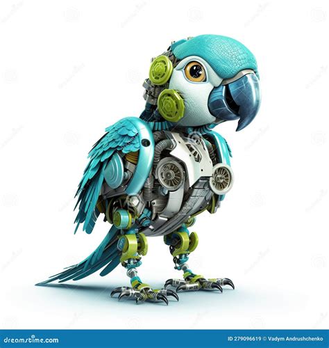Colorful Joyful Parrot Robot Robotic Bird Isolated Over White
