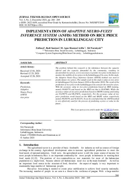 Pdf Implementation Of Adaptive Neuro Fuzzy Inference System Anfis Method On Rice Price