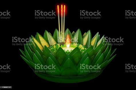 로이 크라통 축제의 행사를 위해 검은 색 배경에 클리핑 경로로 고립 된 바나나 잎으로 태국 전통 부동 바구니 장식의 3d 렌더링 전통 페스티벌에 대한 스톡 사진 및 기타