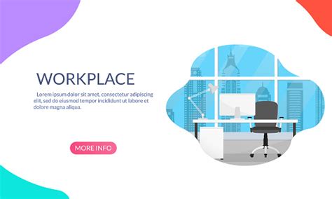 사무실 인테리어 배너 디자인입니다 도시 경관이있는 책상 컴퓨터 및 창문이있는 빈 직장 웹 디자인용 작업 영역 개념입니다 벡터 그림입니다 가구에 대한 스톡 벡터 아트 및 기타
