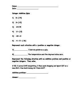 Adapted Adding Integers Quiz By Middle Teach TPT