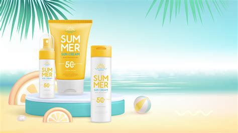 3d 무대와 자외선 차단제 세트가 있는 여름 해변 배경 화려한 여름 풍경입니다 벡터 그림 햇볕 차단 로션에 대한 스톡 벡터 아트 및 기타 이미지 Istock