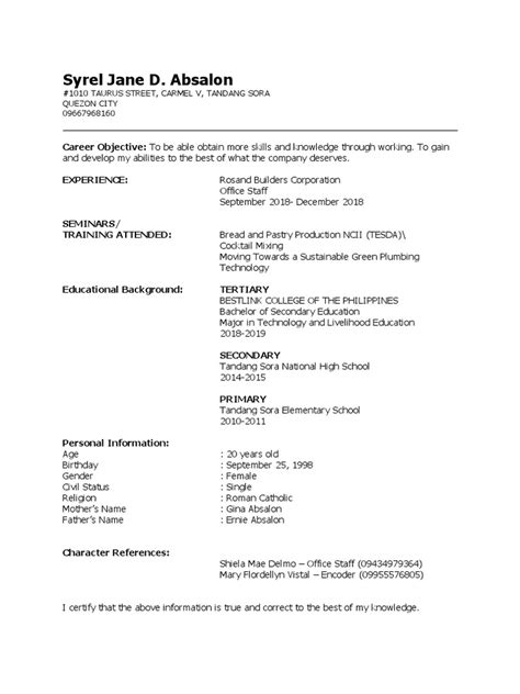 Syrel Jane D Absalon Career Objective To Be Able Obtain More Skills