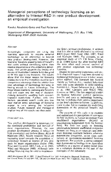 Pdf Managerial Perceptions Of Technology Licensing As An Alternative