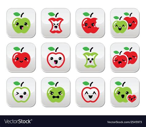 Cute Red Apple And Green Kawaii Buttons Set Vector Image On Vectorstock