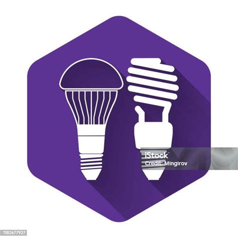 백색 경제성 Led는 긴 그림자로 격리 된 전구 및 형광 등 전구 아이콘을 조명합니다 에너지 램프를 절약하십시오 보라색 육각