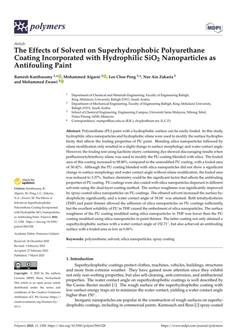 Pdf The Effects Of Solvent On Superhydrophobic Polyurethane Coating