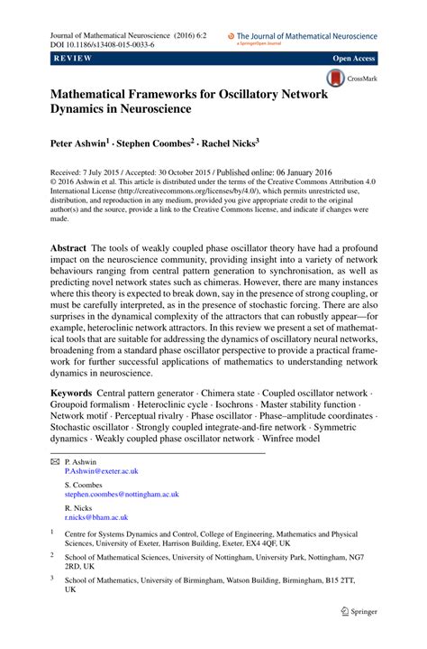 Pdf Mathematical Frameworks For Oscillatory Network Dynamics In