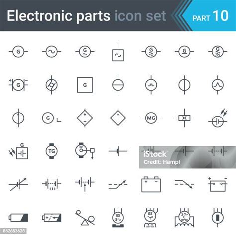 발전기 배터리 Dc 전원 공급 장치 및 3 상 발전기의 전기 및 전자 회로 다이어그램 기호 집합 0명에 대한 스톡 벡터 아트 및