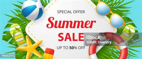 화려한 해변 요소와 여름 판매 벡터 배너 디자인입니다 벡터 일러스트 3차원 형태에 대한 스톡 벡터 아트 및 기타 이미지 3차원 형태 개념 계절 Istock