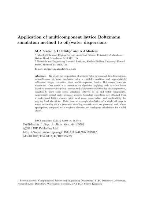 Pdf Application Of The Multicomponent Lattice Boltzmann Simulation Method To Oilwater Dispersions