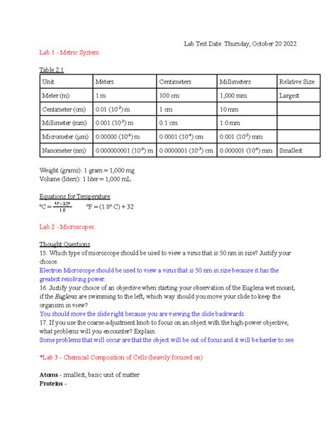Bio Lab Midterm Exam Google Docs Lab Test Date Thursday October Lab Metric