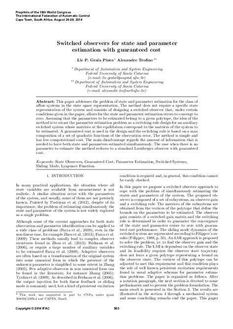 Pdf Switched Observers For State And Parameter Estimation
