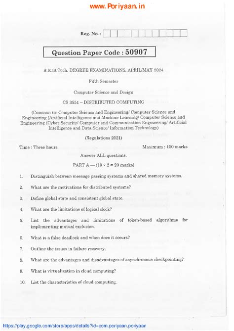distributed computing cs3551 2021 regulation semester question paper 2024 april may