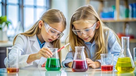 Two Girls Doing Science Experiments In A Lab Selective Focus Premium AI Generated Image