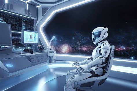 Robot Cyborg In A Control Room Flying A White Modern Spaceship With Window View On Spac Stock