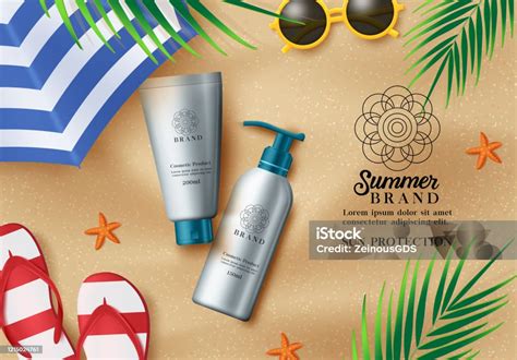 여름 화장품 광고 벡터 템플릿 모래 해변 배경에 자외선 차단제와 자외선 차단 병 같은 사실적인 태양 보호 스킨 케어 화장품 3차원 형태에 대한 스톡 벡터 아트 및 기타