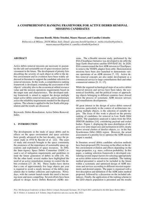 Pdf A Comprehensive Ranking Framework For Active Debris Removal Missions Candidates