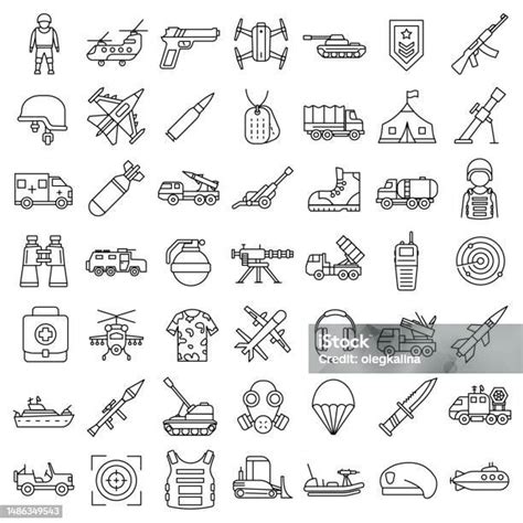 전쟁 군사 군대 라인 아이콘의 개요 세트 편집 가능한 획 군사 장비 도구 보조 장치 및 기기 선형 아이콘의 수집 및 팩 아이콘에 대한 스톡 벡터 아트 및 기타 이미지
