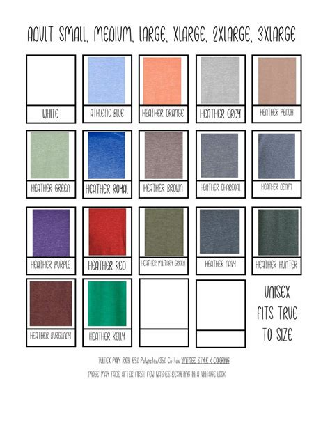 color and sizing chart