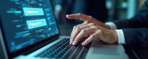Businessperson Types Username Password On Laptop Computer Person